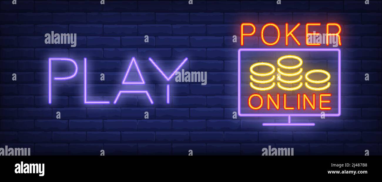 Play poker online vector illustration in neon style. Text, screen and ...