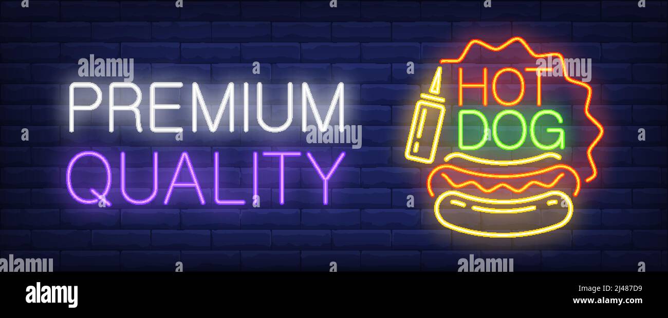 Premium quality hotdog neon sign. Sausage, bun and mustard. Vector ...