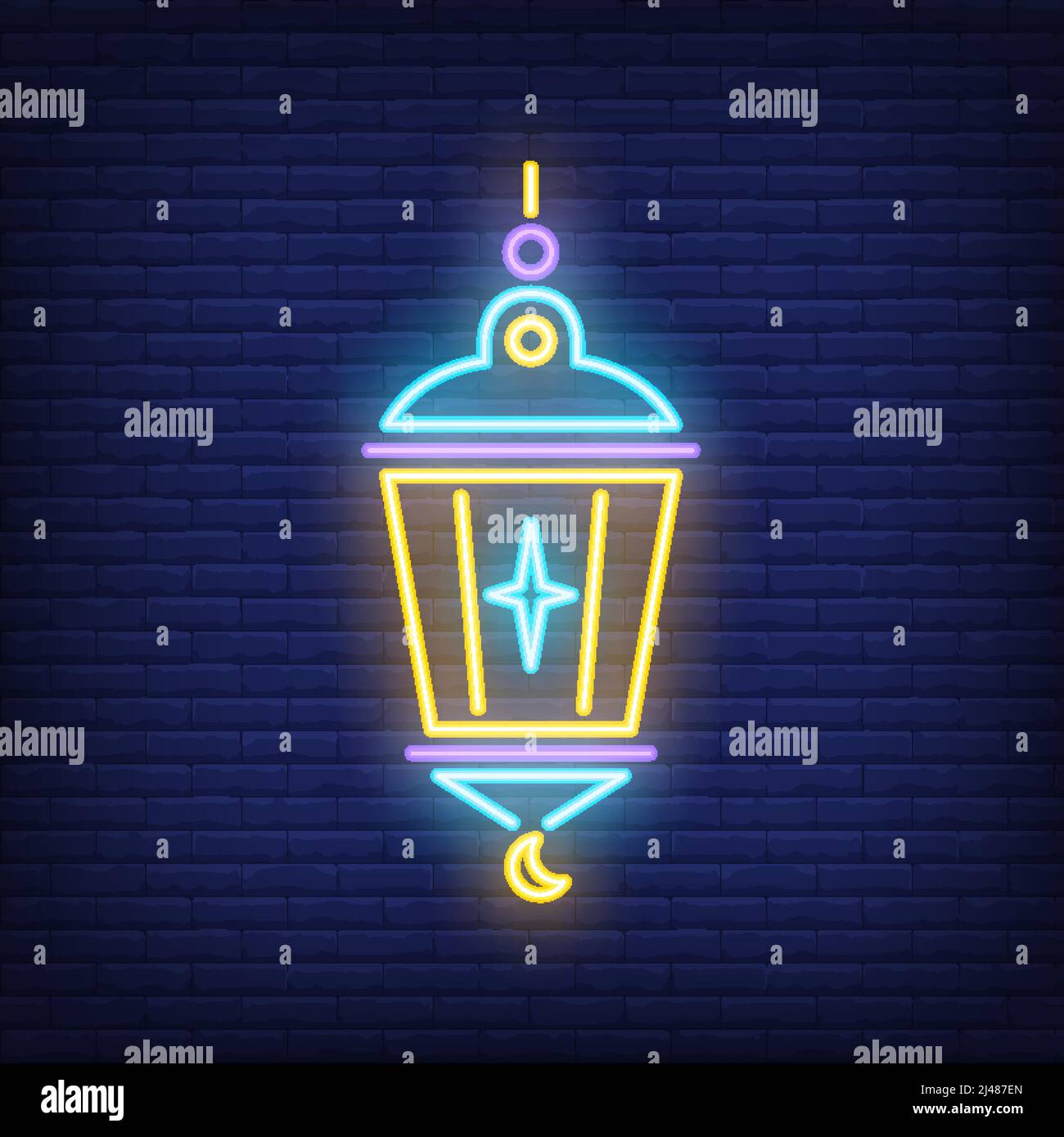 Islamic lantern neon sign. Lamp with star and crescent on dark brick ...