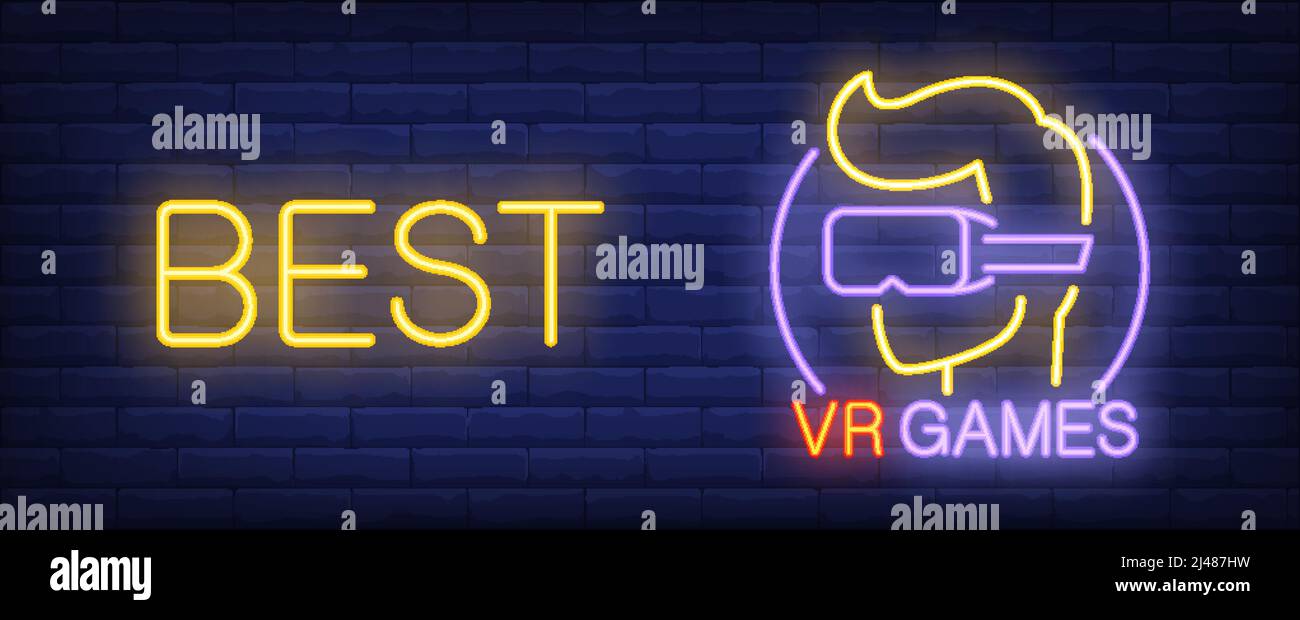 VR Games neon style banner on brick background. Gamer in goggles and ...