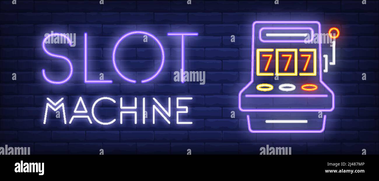 Slot machine neon sign. Triple sevens and glowing inscription on brick ...