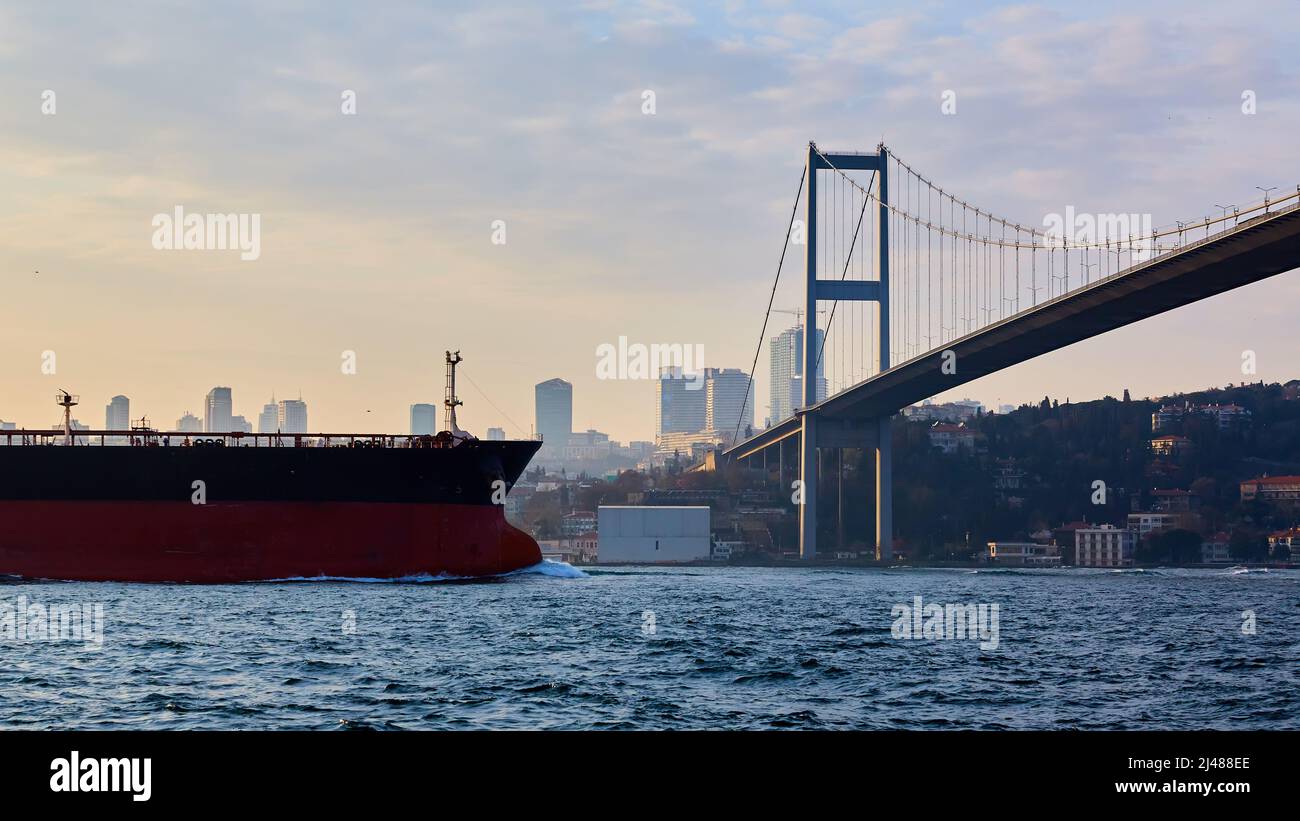 Turkey, Istanbul, Bosphorus Channel, Bosphorus Bridge, an cargo ship ...