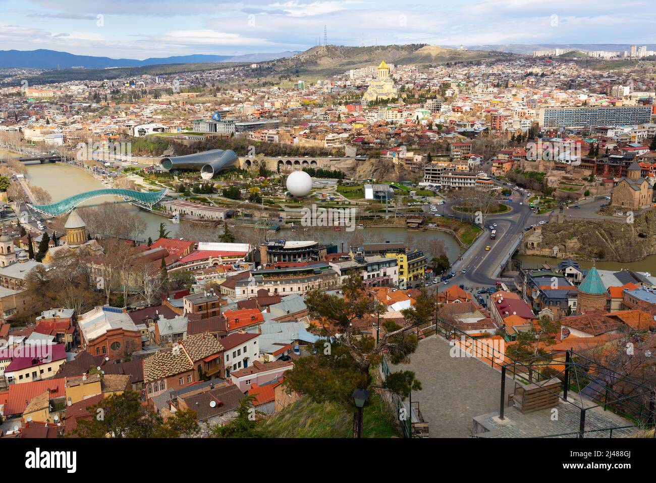 Historical area of Tbilisi with modern bridge and concert hall Stock ...