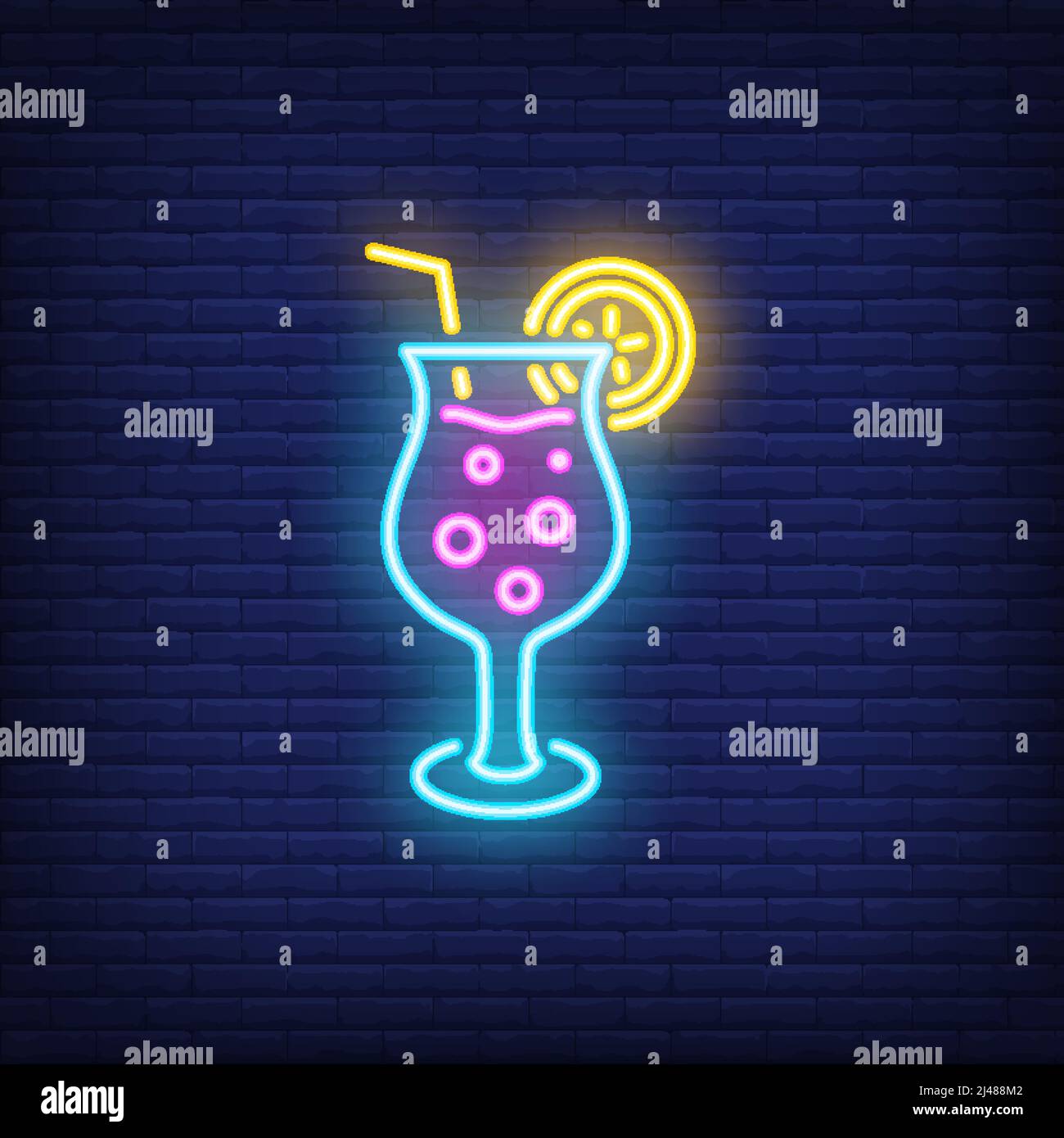 Tropical cocktail neon sign. Fizzy alcohol drink with straw on dark ...