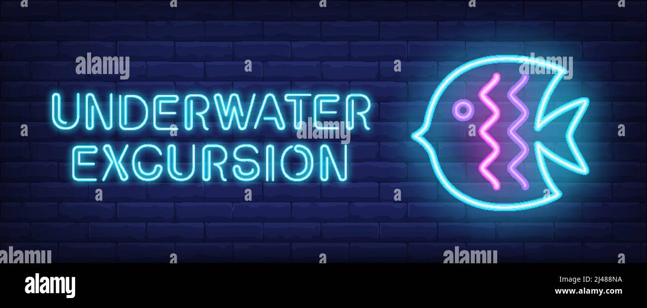 Underwater excursion vector illustration in neon style. Text and blue ...