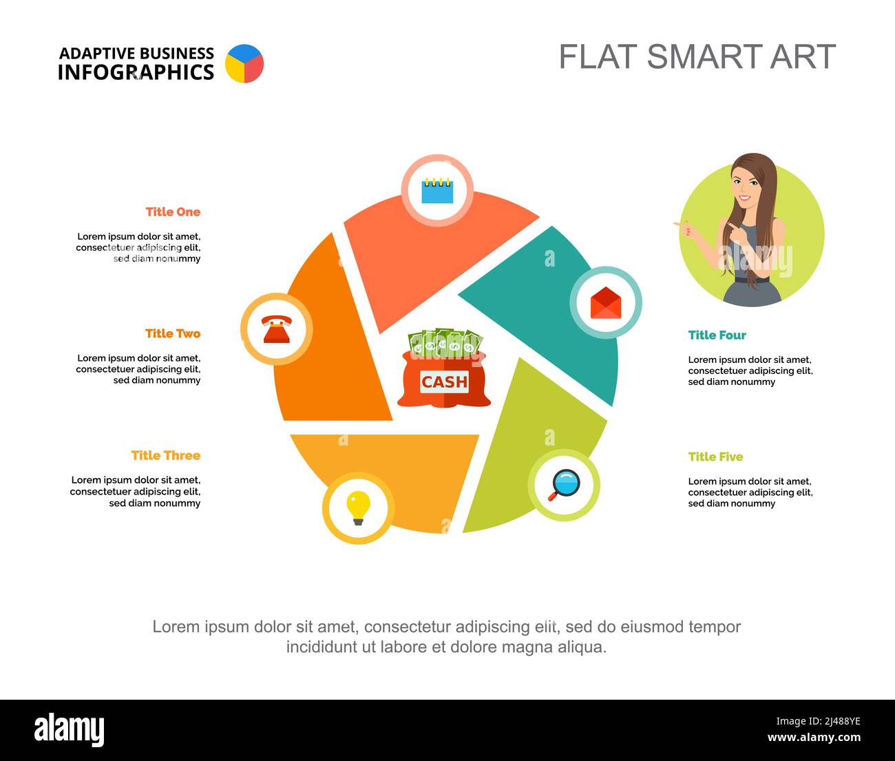 Five elements process chart template for presentation. Business data ...