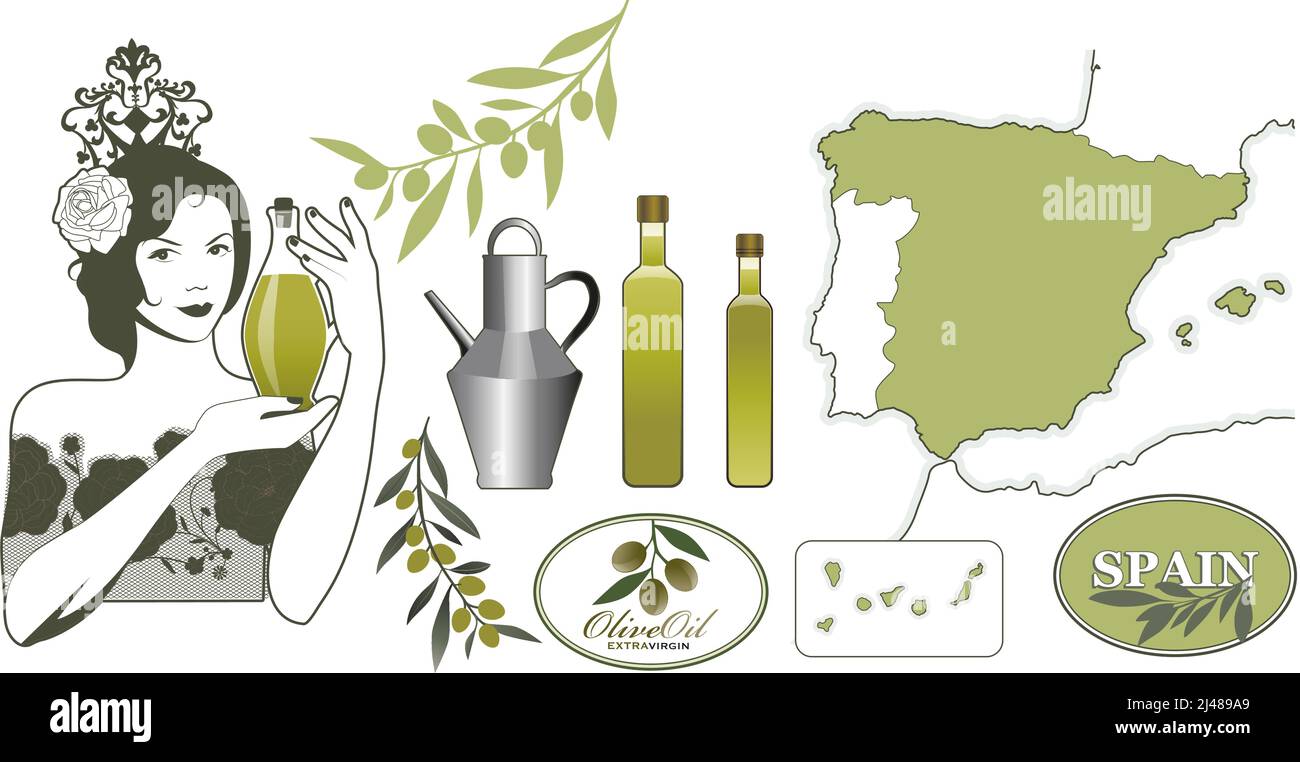 Set of illustrations related to Spanish olive oil. Map of Spain ...