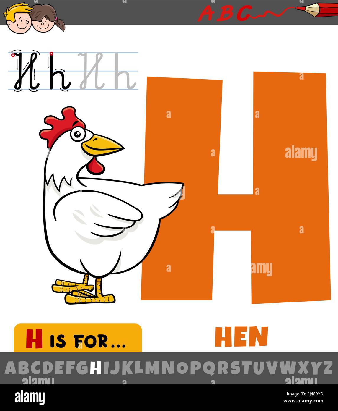 Educational cartoon illustration of letter H from alphabet with hen ...