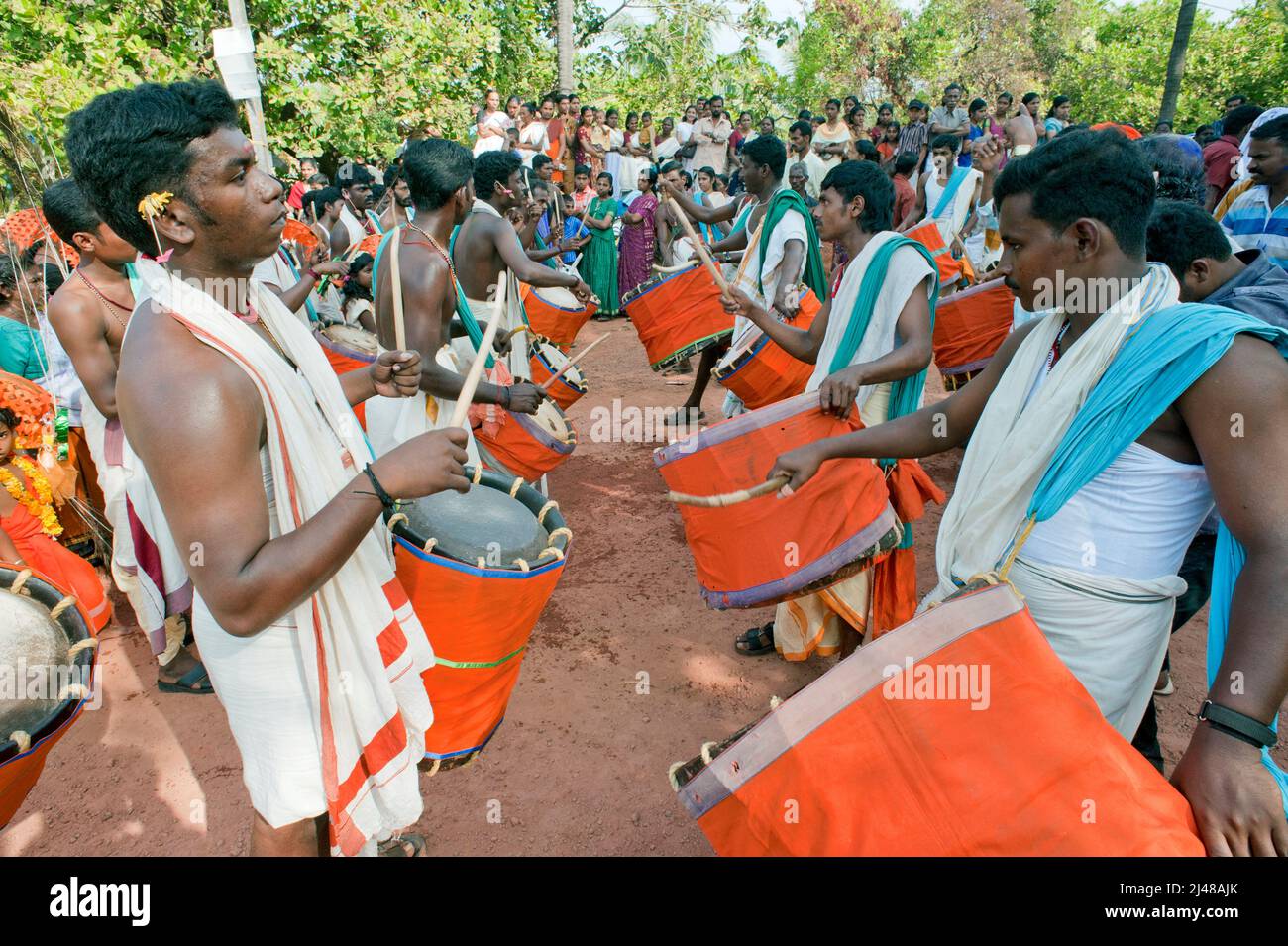 Group of musicians playing Jandai drums at the time of Thaipusam ...