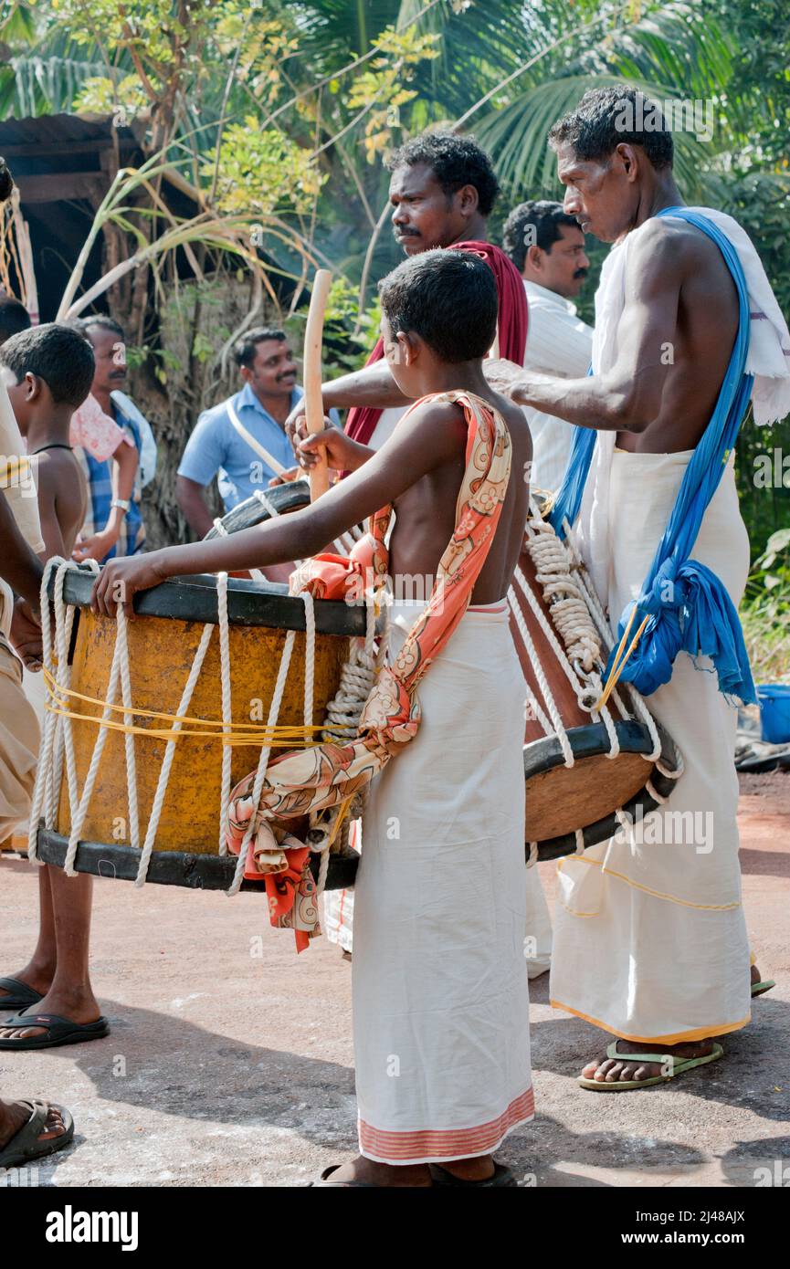 Group of musicians playing Jandai drums at the time of Thaipusam ...