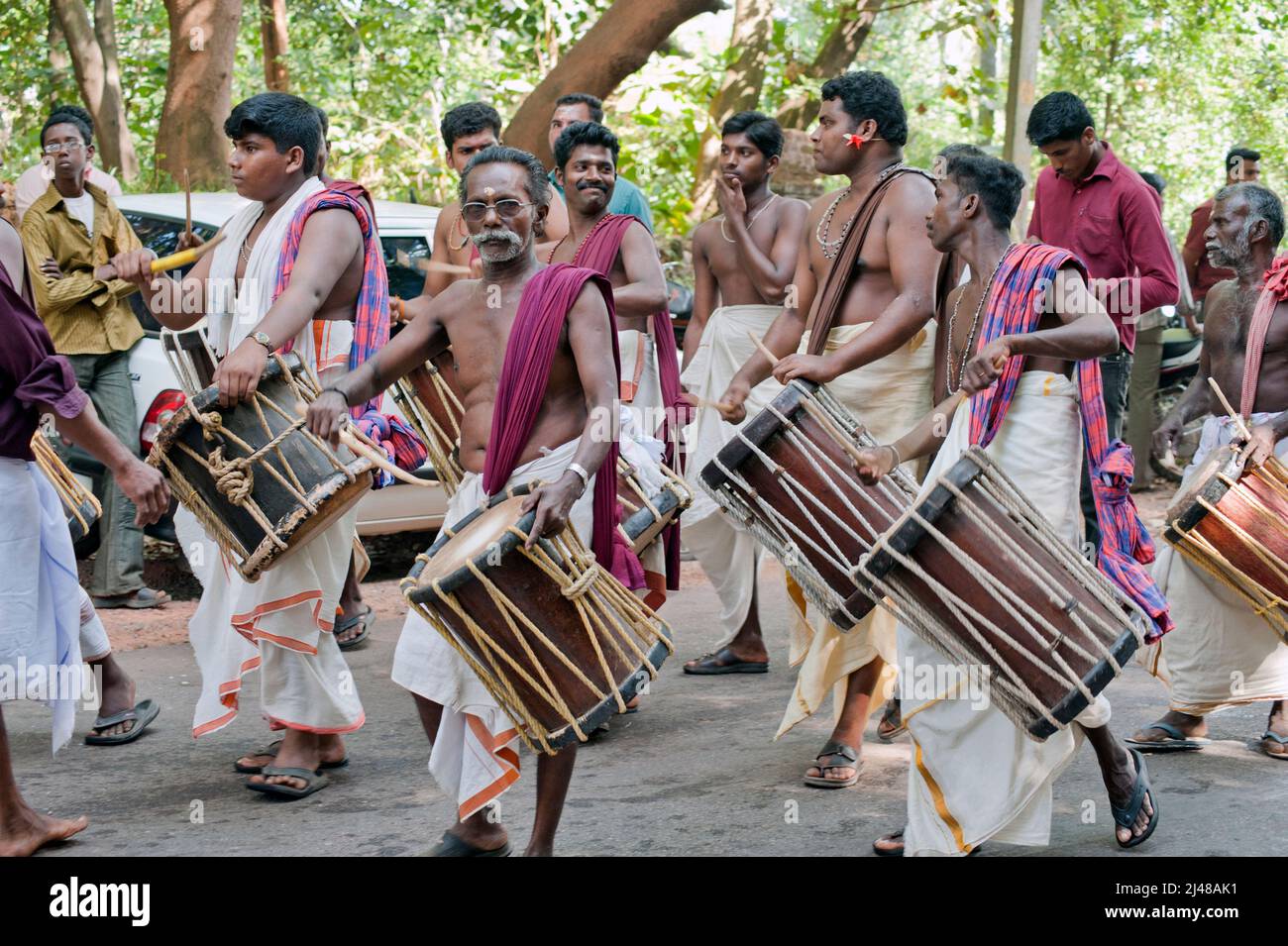 Group of musicians playing Jandai drums at the time of Thaipusam ...