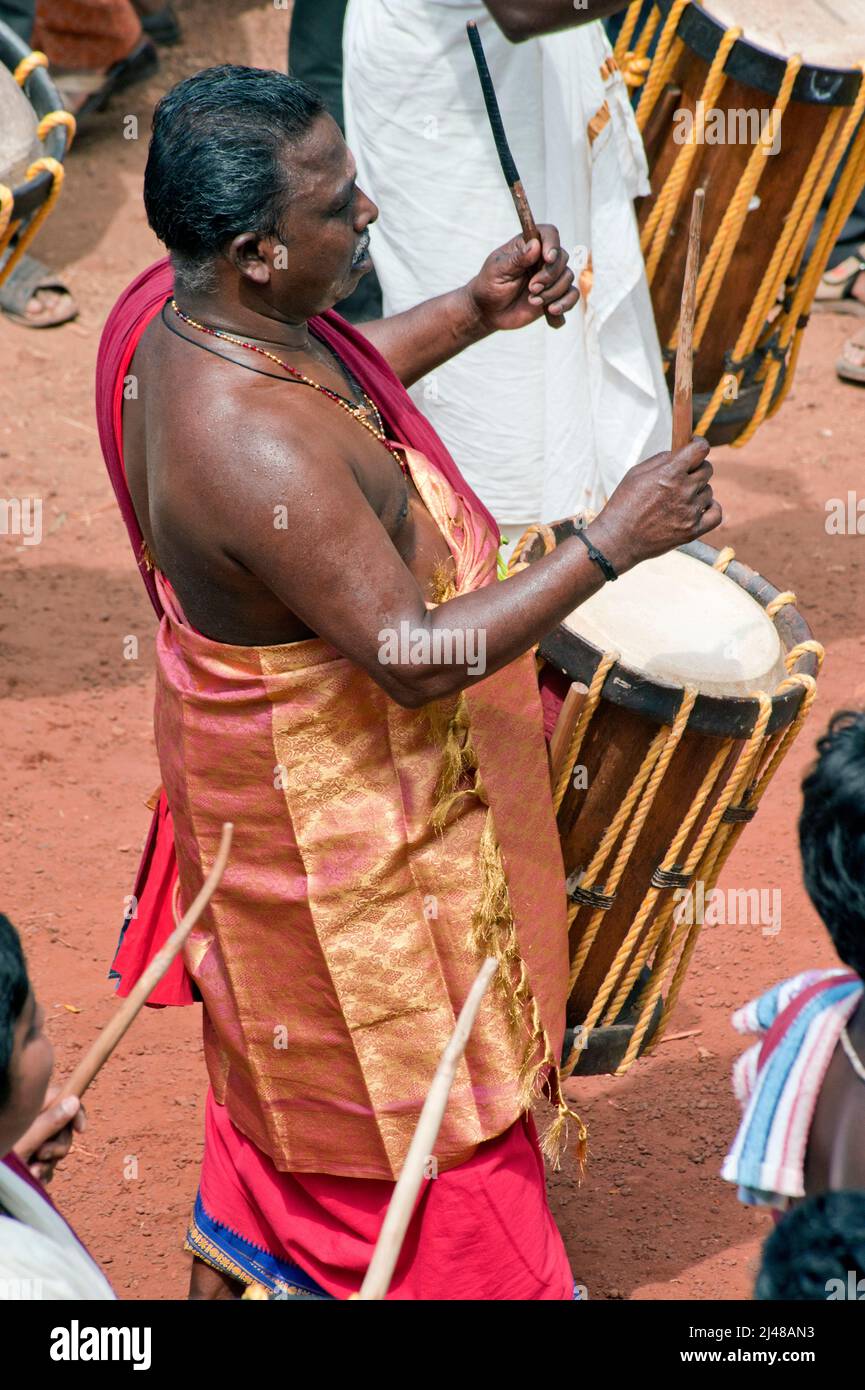 Group of musicians playing Jandai drums at the time of Thaipusam ...
