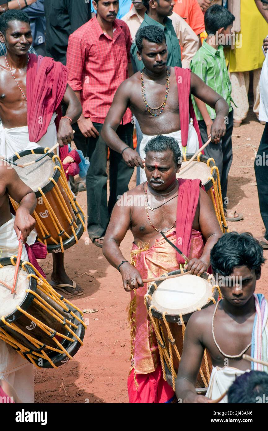 Group of musicians playing Jandai drums at the time of Thaipusam ...