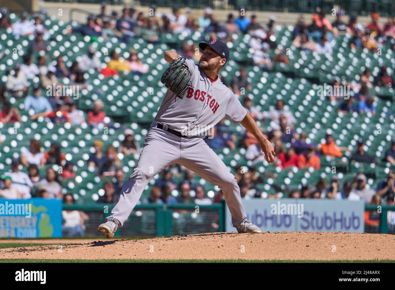 Detroit MI, USA. 12th Apr, 2022. Boston pitcher Rich Hill (44) throws a ...