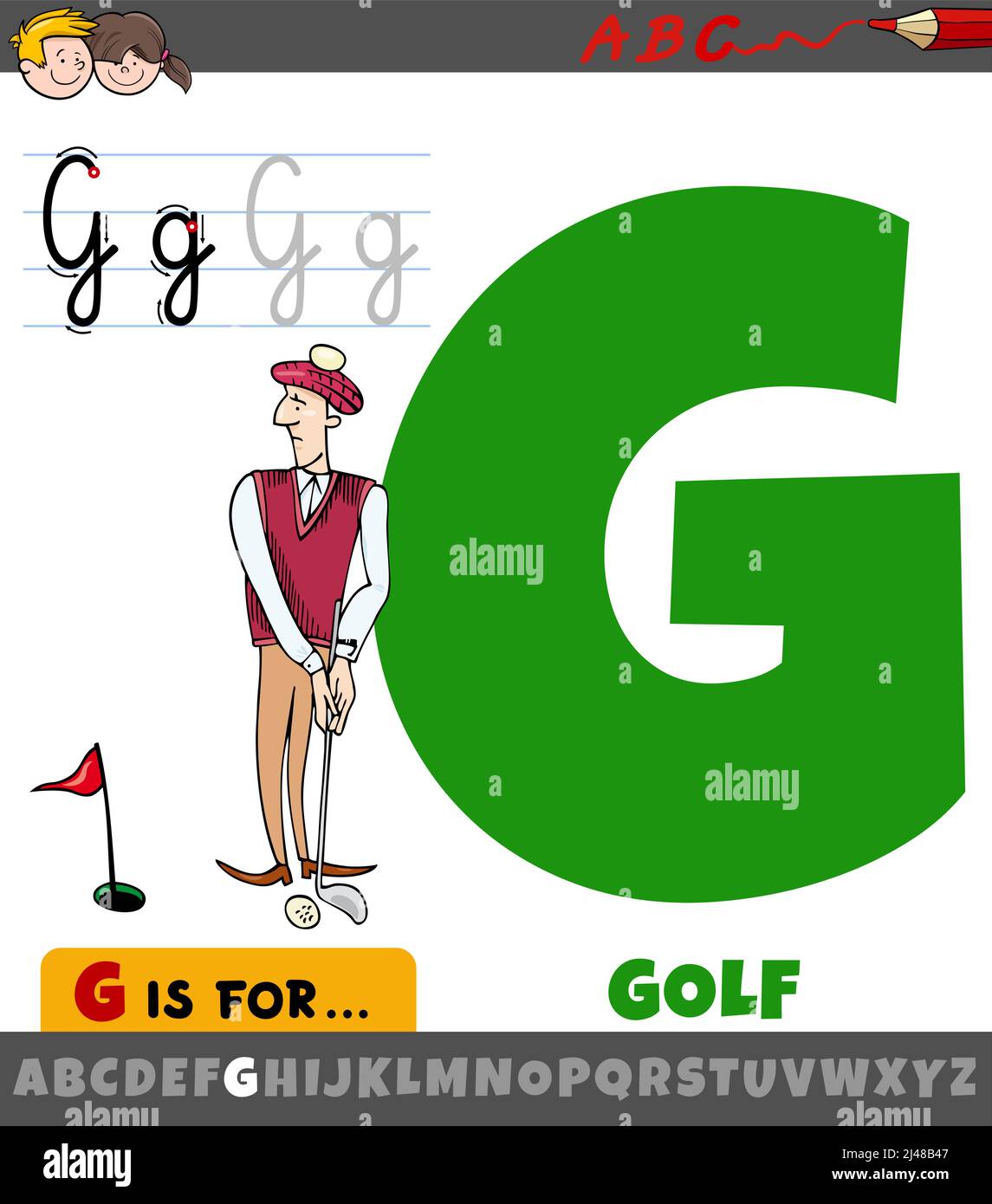 Educational cartoon illustration of letter G from alphabet with golf ...