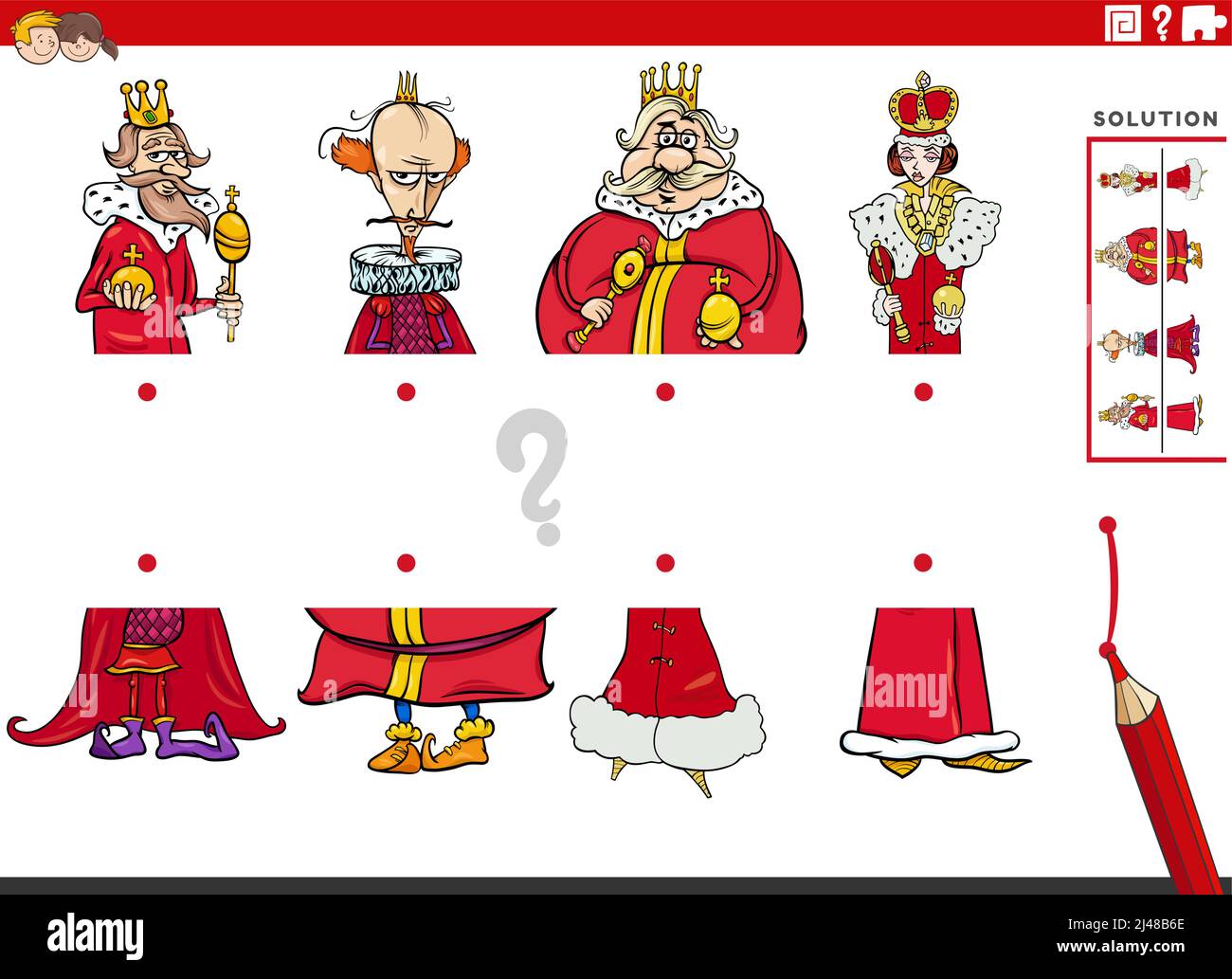 Cartoon illustration of educational task of matching halves of pictures ...