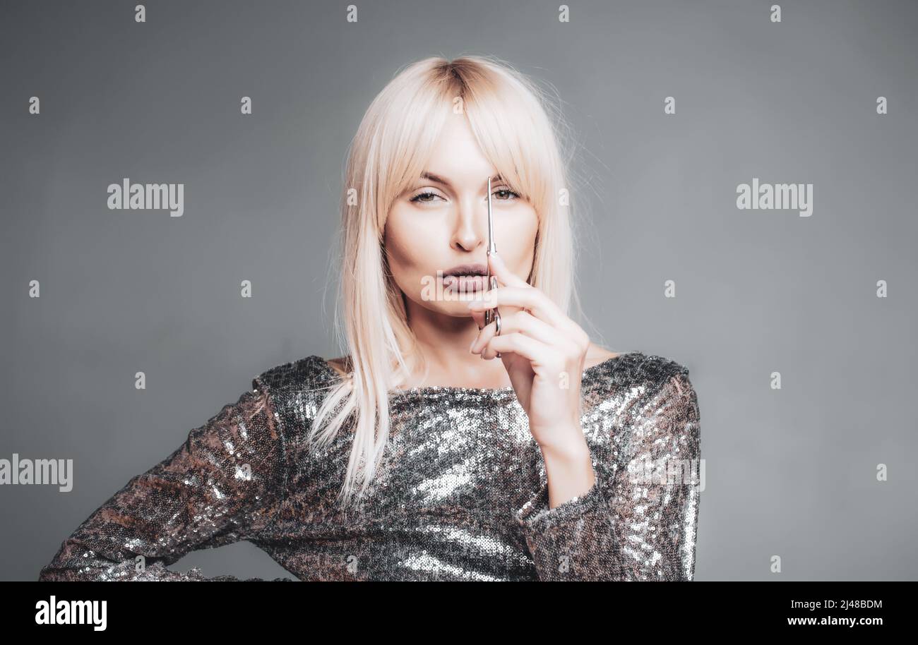 Perfect Blonde girl cut forelock. Close up hairstyle with bangs. Hair ...