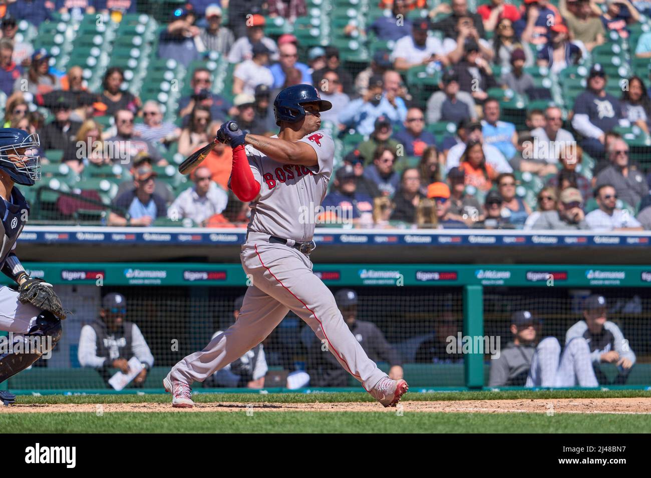 April 12 2022: Boston third baseman Rafael Devers (11) gets a hit ...