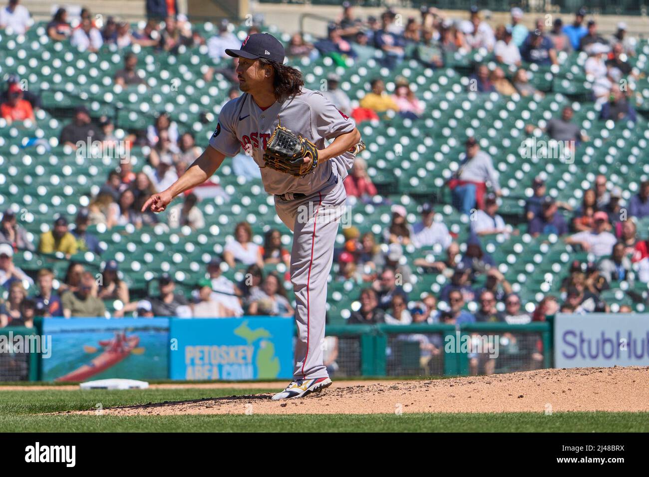 April 12 2022: Boston pitcher Hirokazu Sawamura (18) throws a pitch ... April 12 2022: Boston pitcher Hirokazu Sawamura (18) throws a pitch ...
