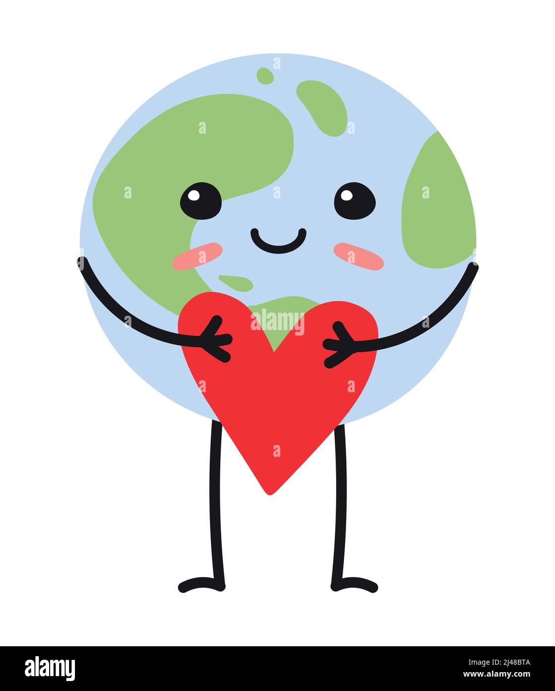 Vector hand drawn flat planet Earth with face and red heart isolated on ...
