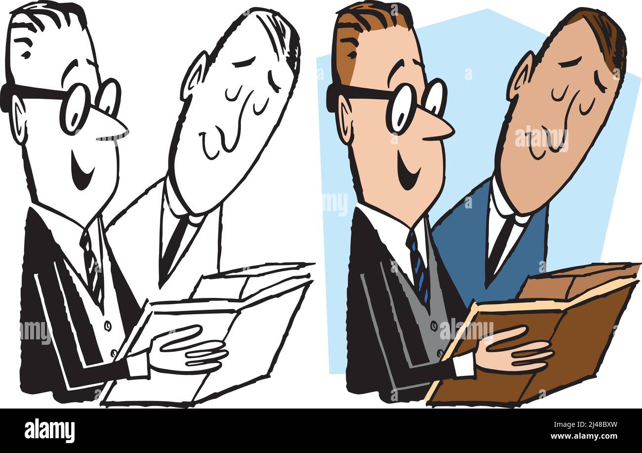 A vintage retro cartoon of a pair of businessmen talking about work ...