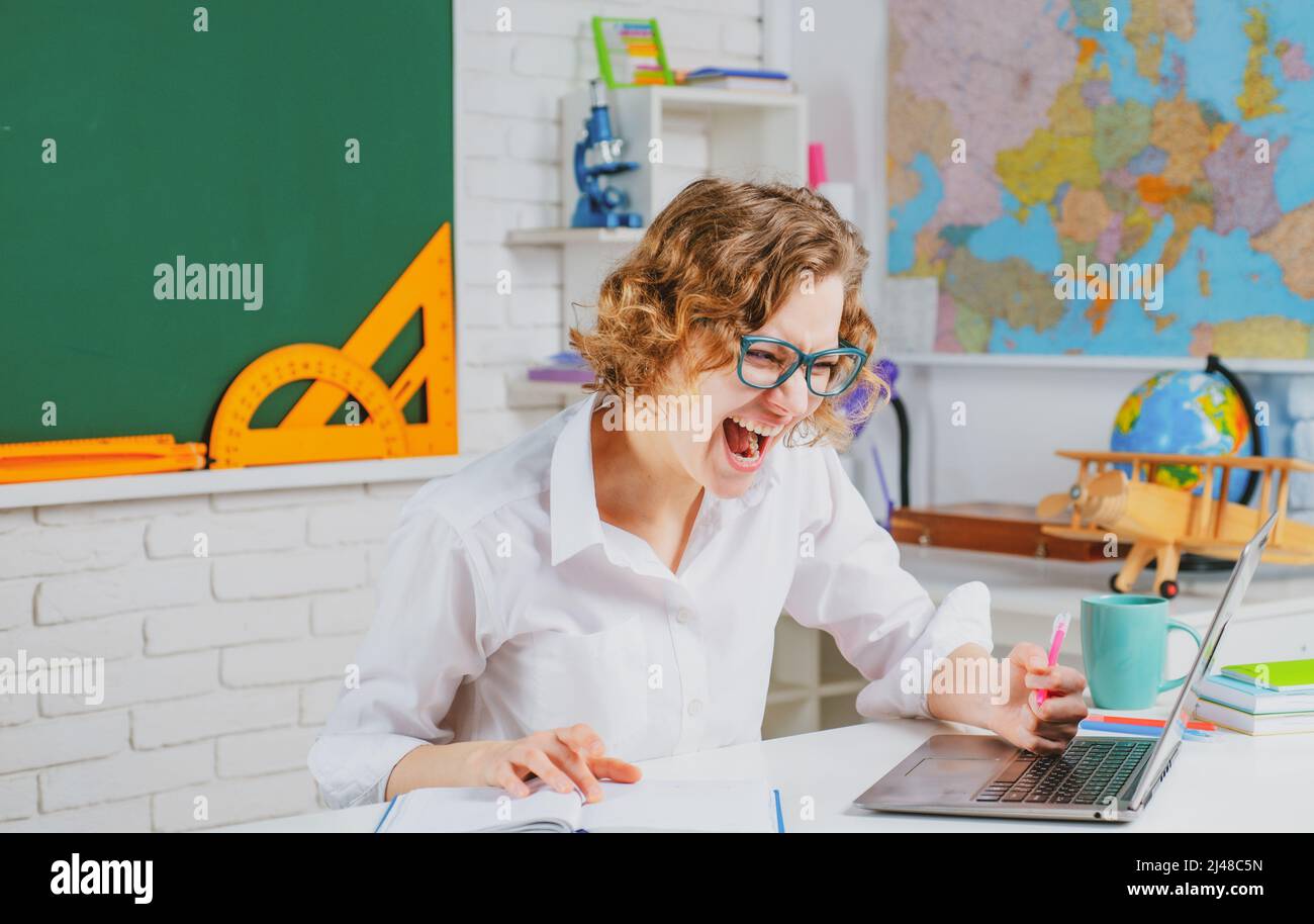 Back to school. Excited screaming teacher. Online education, knowledge ...