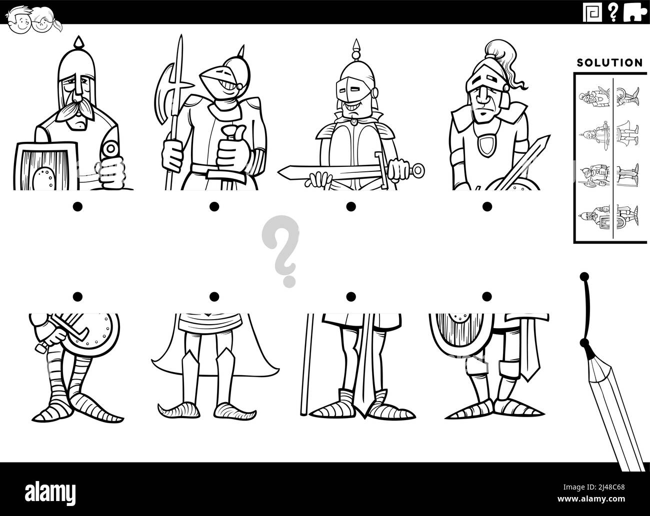 Black and white cartoon illustration of educational task of matching ...