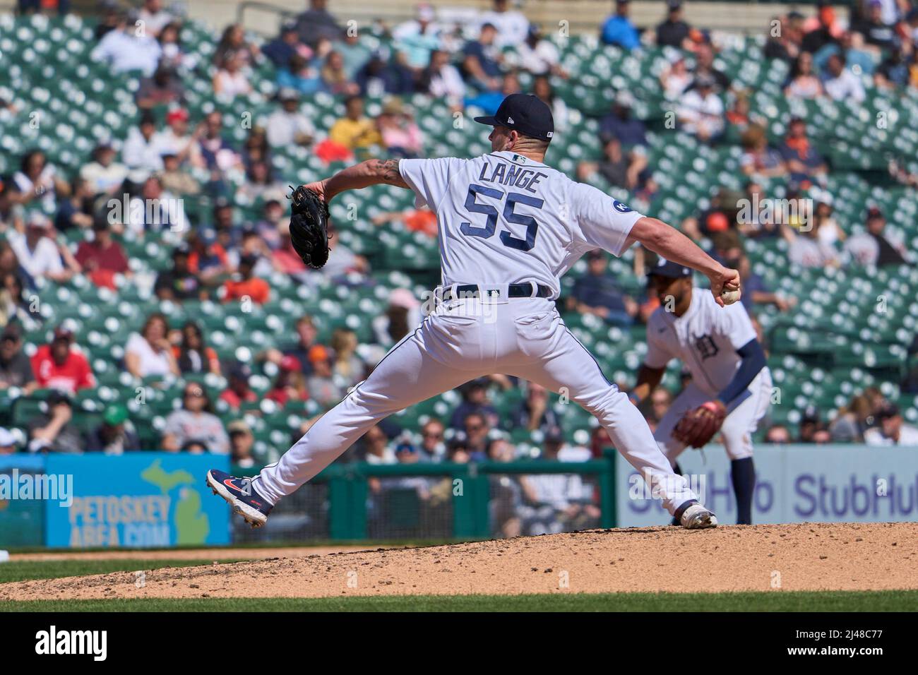 April 12 2022: Detroit pitcher Alex Lange (55) throws a pitch during ...