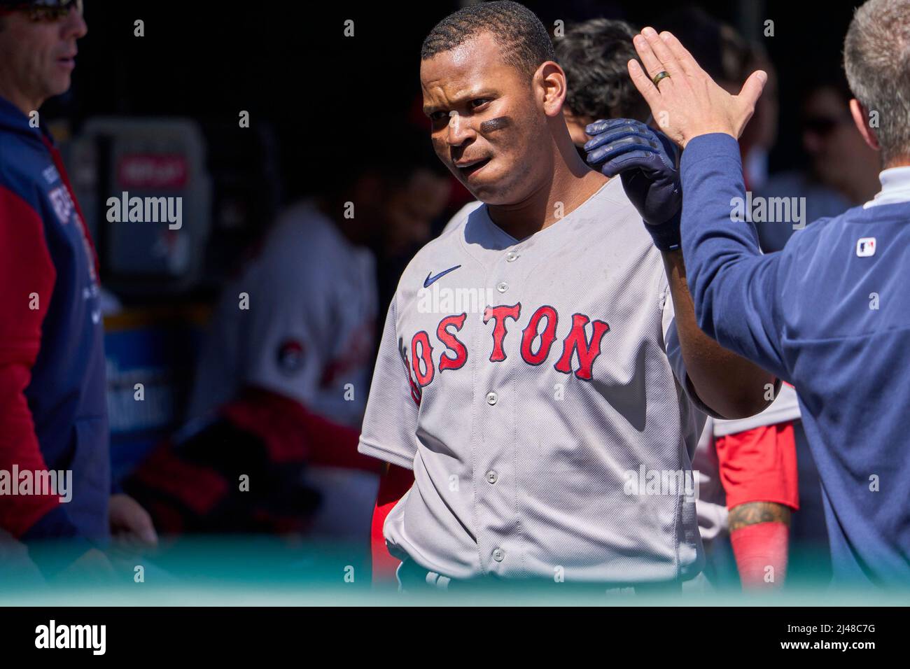 April 12 2022: Boston third baseman Rafael Devers (11) after scoring a ...