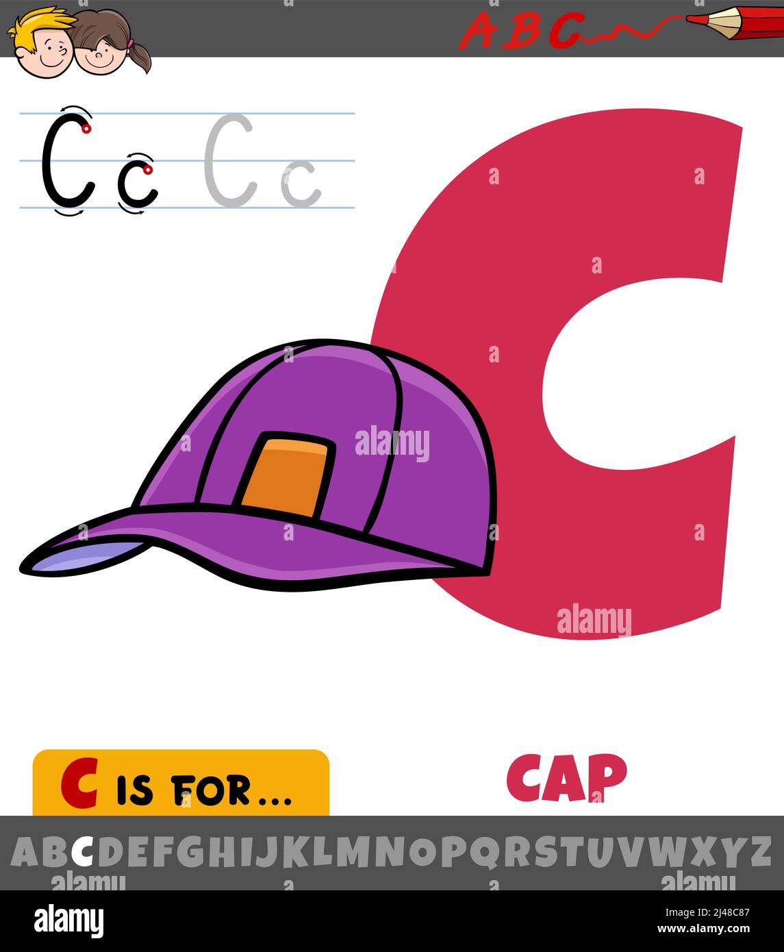 Educational cartoon illustration of letter C from alphabet with cap ...