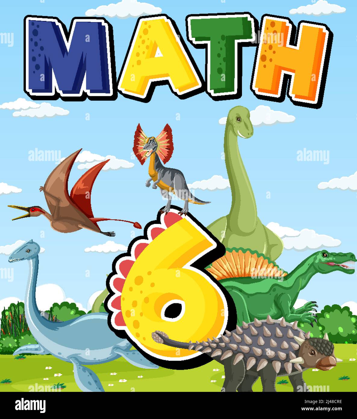 Six dinosaurs with number six cartoon illustration Stock Vector Image ...