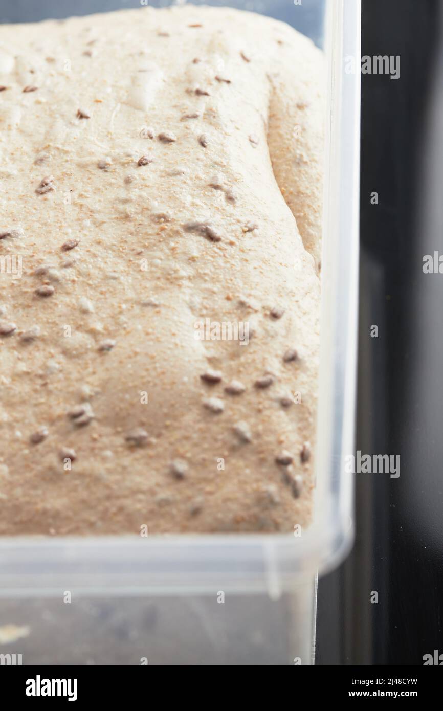 Dough in a container. Bread with flax seeds. The concept of healthy ...