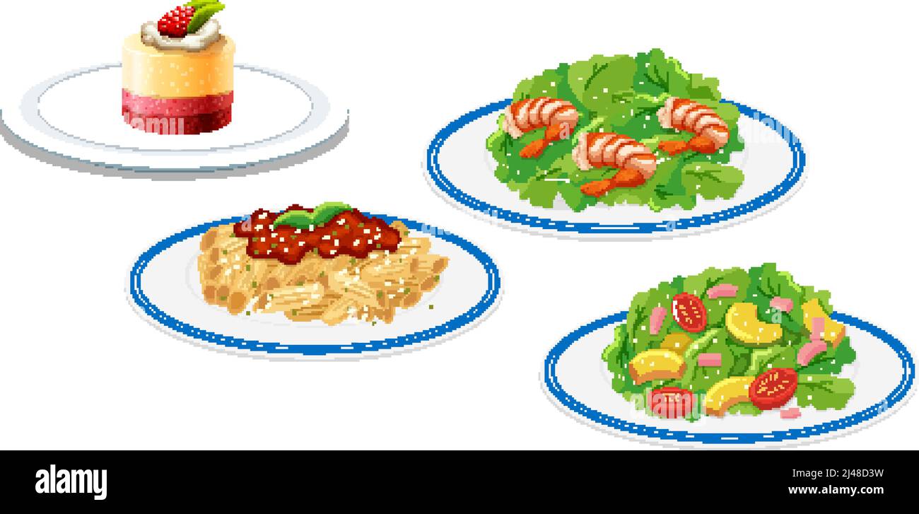 Set of different foods on plates illustration Stock Vector Image & Art ...