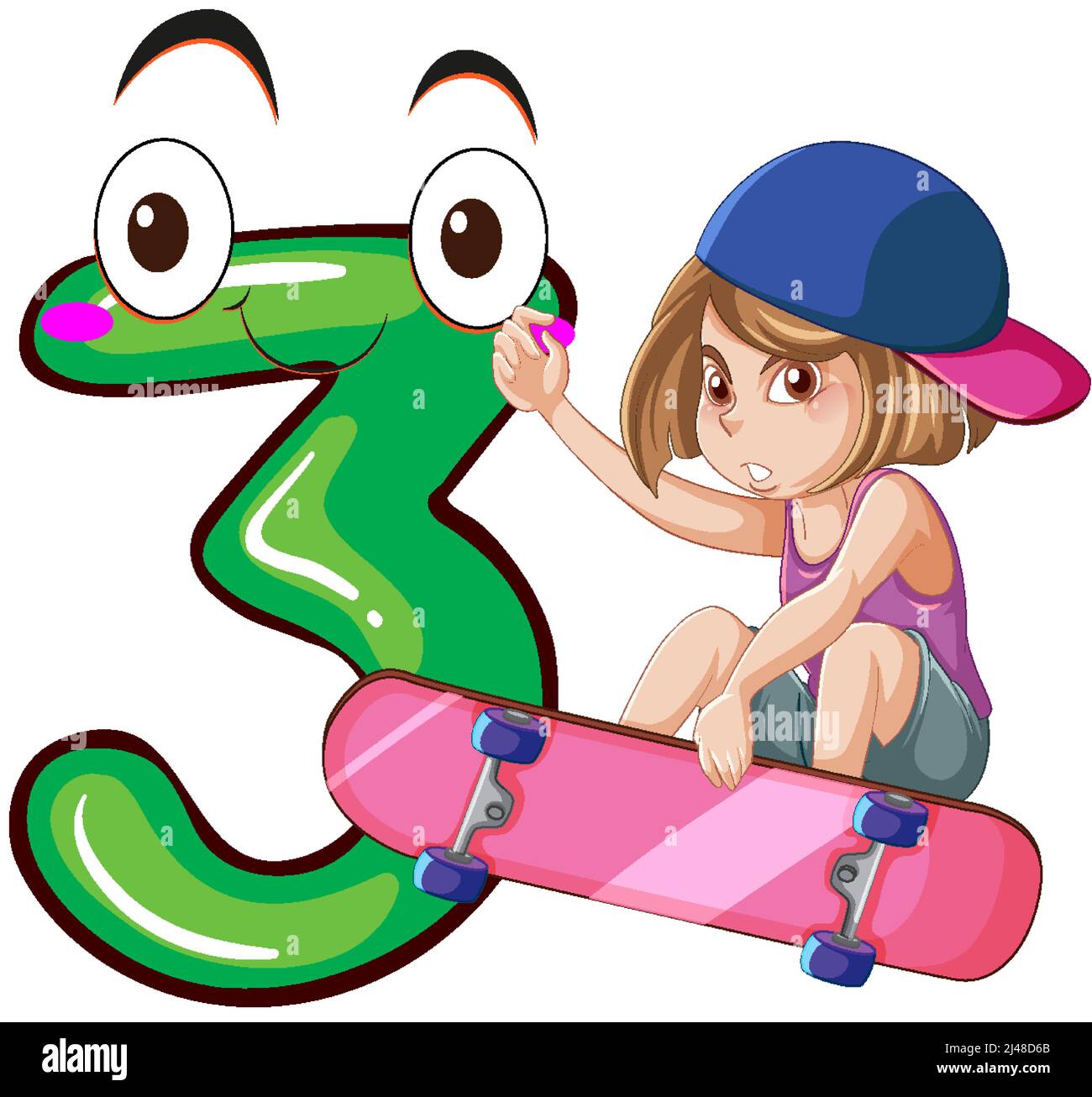 A girl playing skateboard with number three cartoon illustration Stock ...