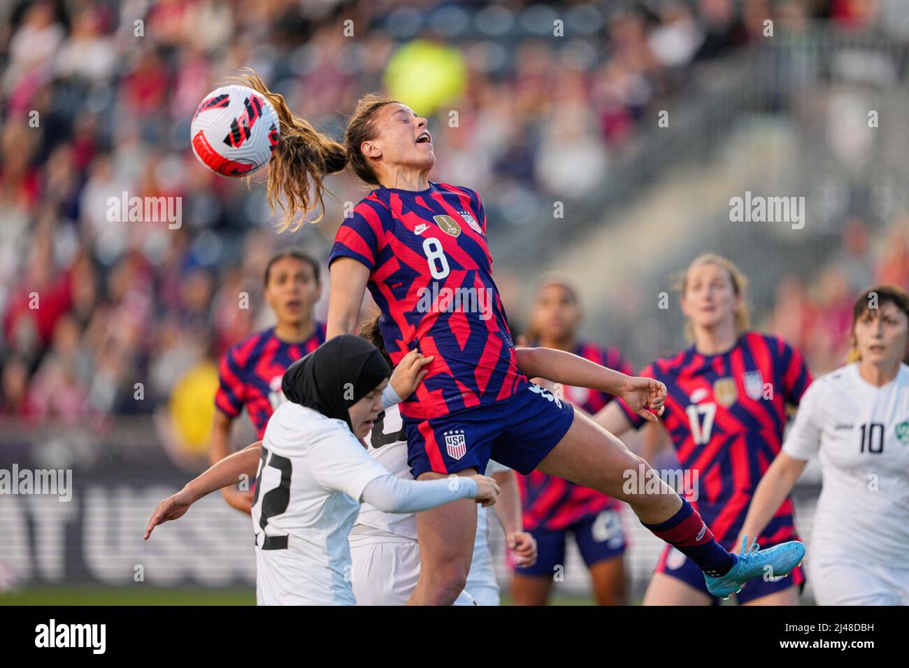 CHESTER, PA - APRIL 12: USA Sofia Huerta D (8) heads the ball during ...