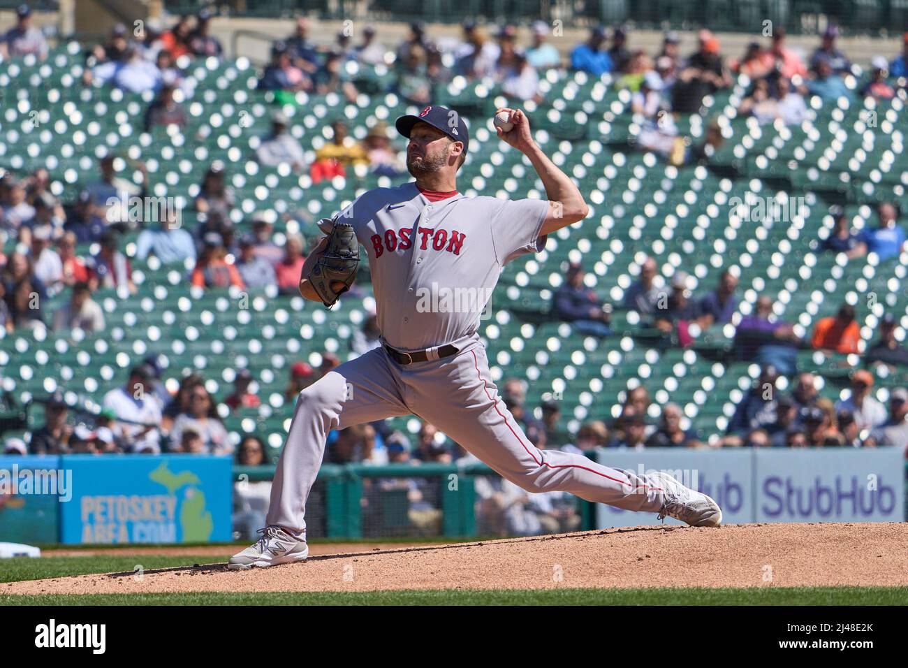 Detroit MI, USA. 12th Apr, 2022. Boston pitcher Rich Hill (44) throws a ...
