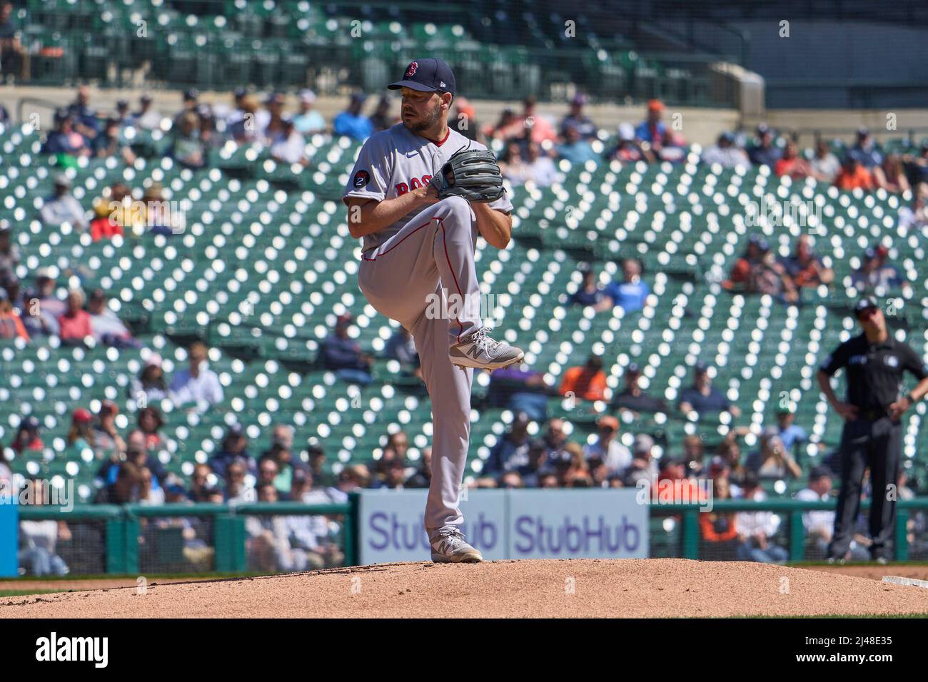 Detroit MI, USA. 12th Apr, 2022. Boston pitcher Rich Hill (44) throws a ...
