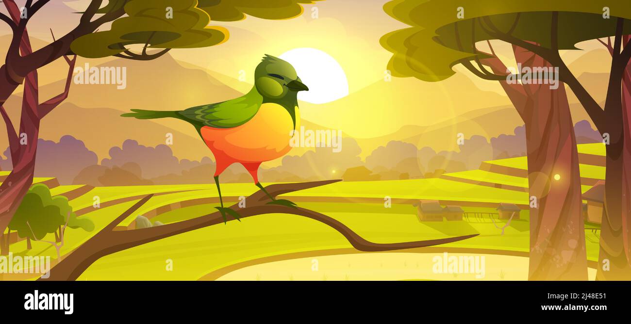 Cartoon bird sitting on tree branch, cute colorful birdie with green ...