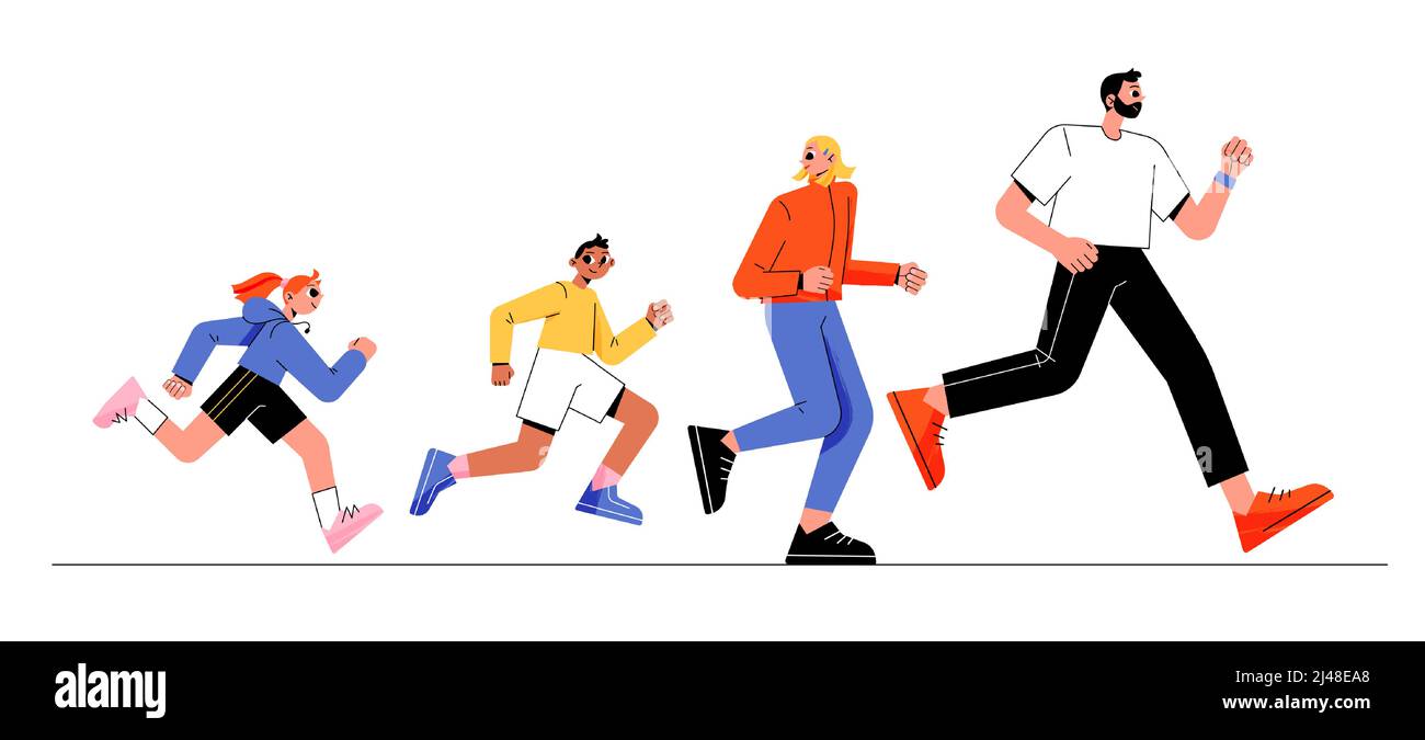 Family run marathon, parents and children jogging, sports exercising or ...