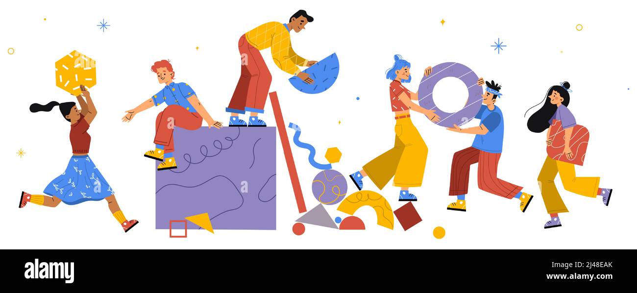 People team work together set up huge colorful geometric abstract ...