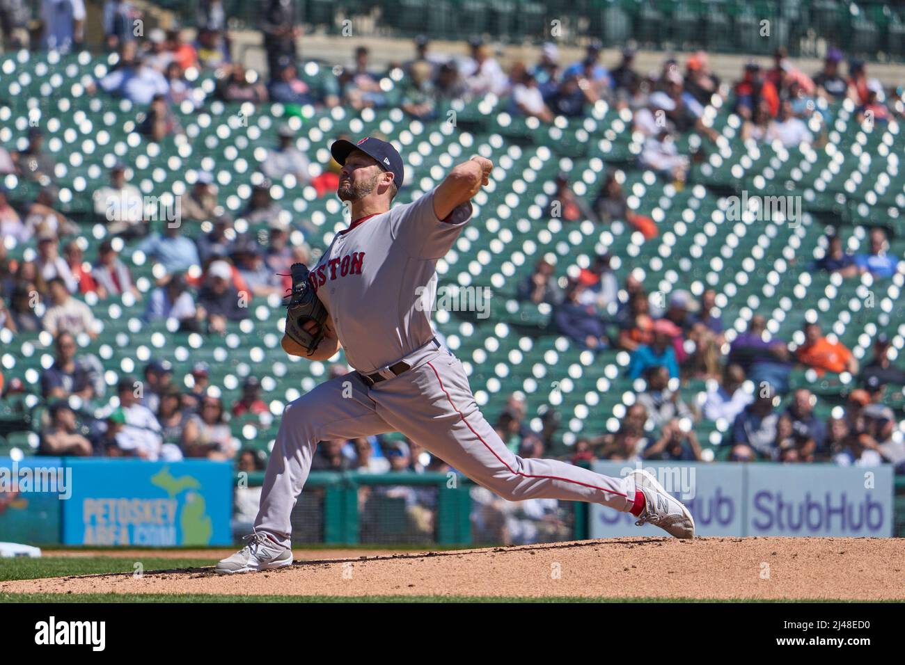 Detroit MI, USA. 12th Apr, 2022. Boston pitcher Rich Hill (44) throws a ...