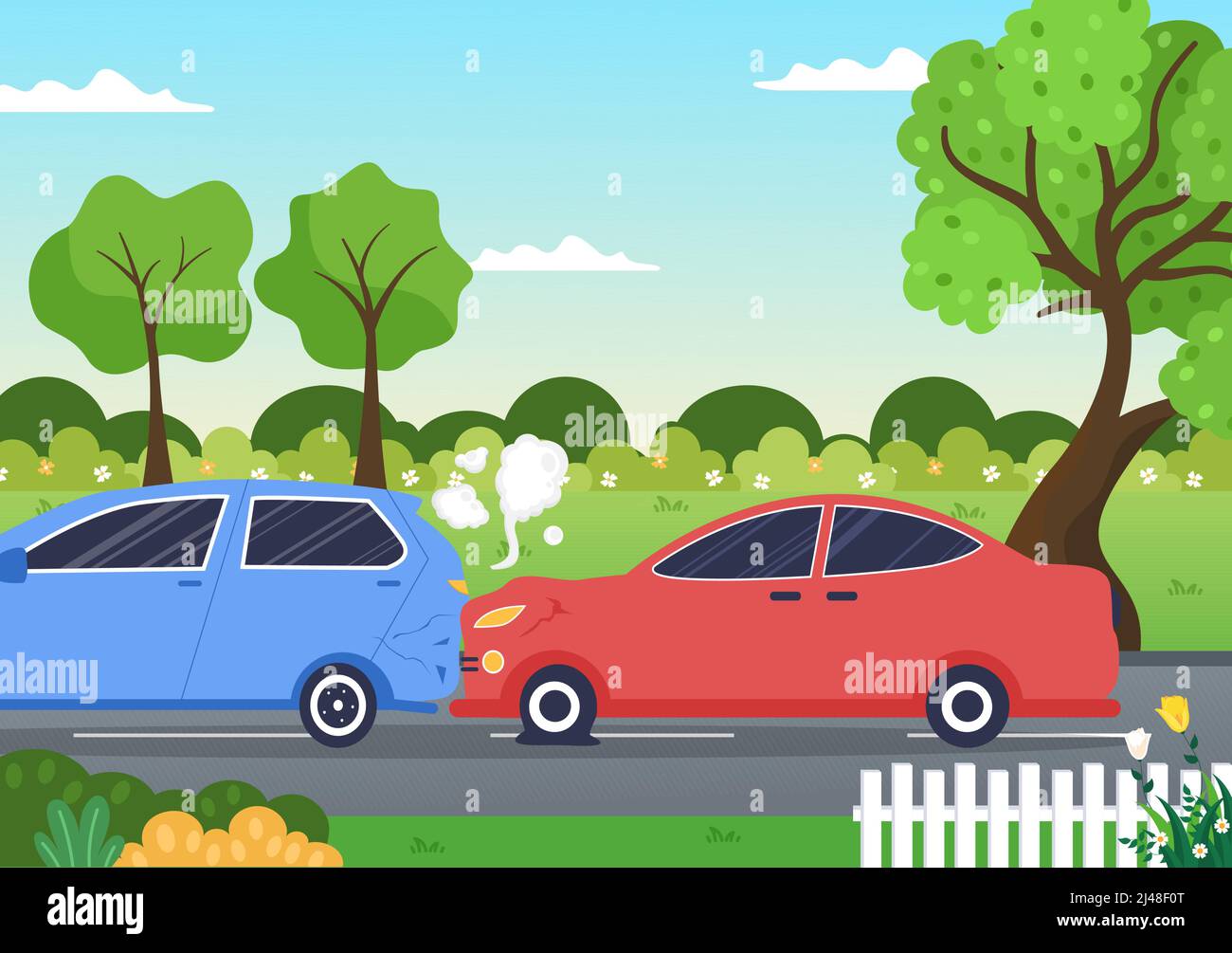 Car Accident Background Illustration With Two Cars Colliding Or Hitting Something On The Road