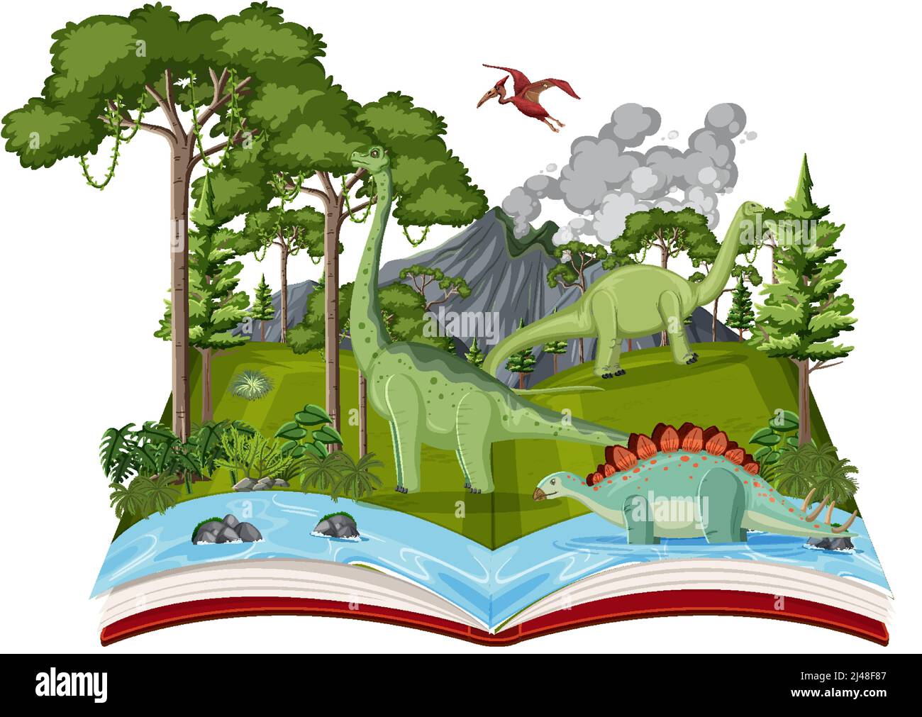 Book with scene of dinosaurs in forest illustration Stock Vector Image ...