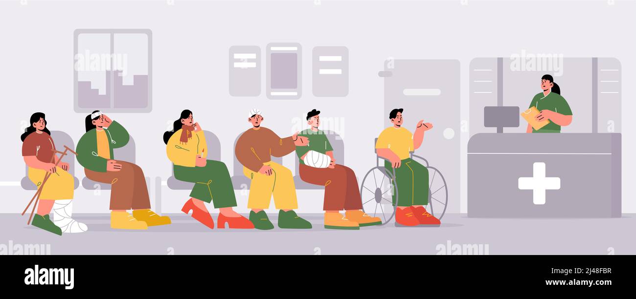 Patients waiting doctors appointment at clinic hallway. People wait in ...