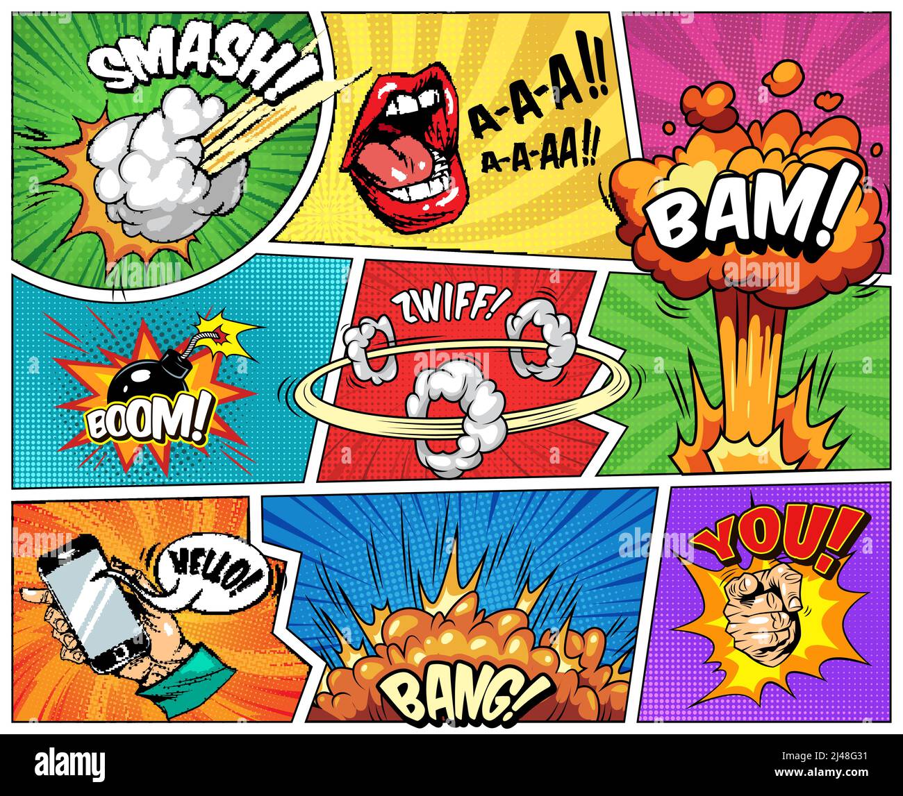 Comic bright composition with explosive halftone rays radial effects ...