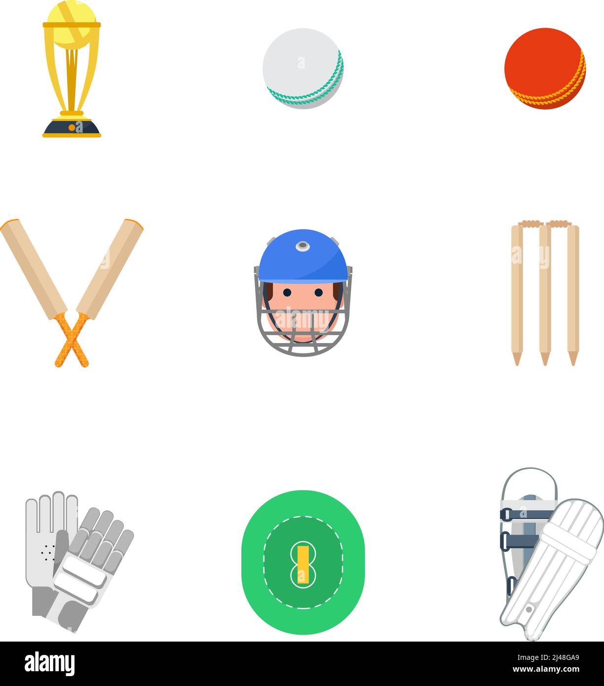 Cricket sport game icons set with protective leg guard and helmet and ...