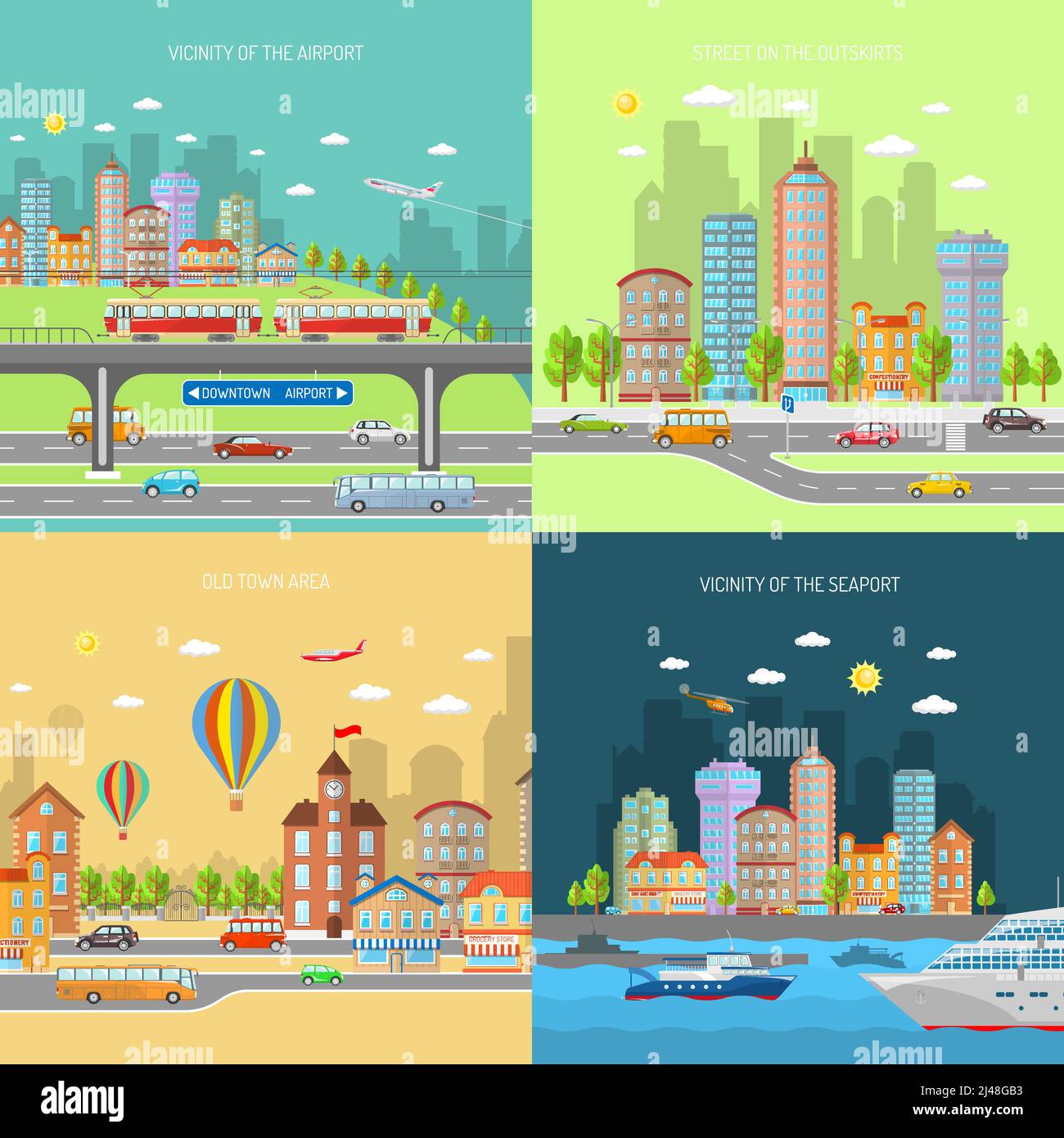 City transport design concept set with urban and suburban house ...