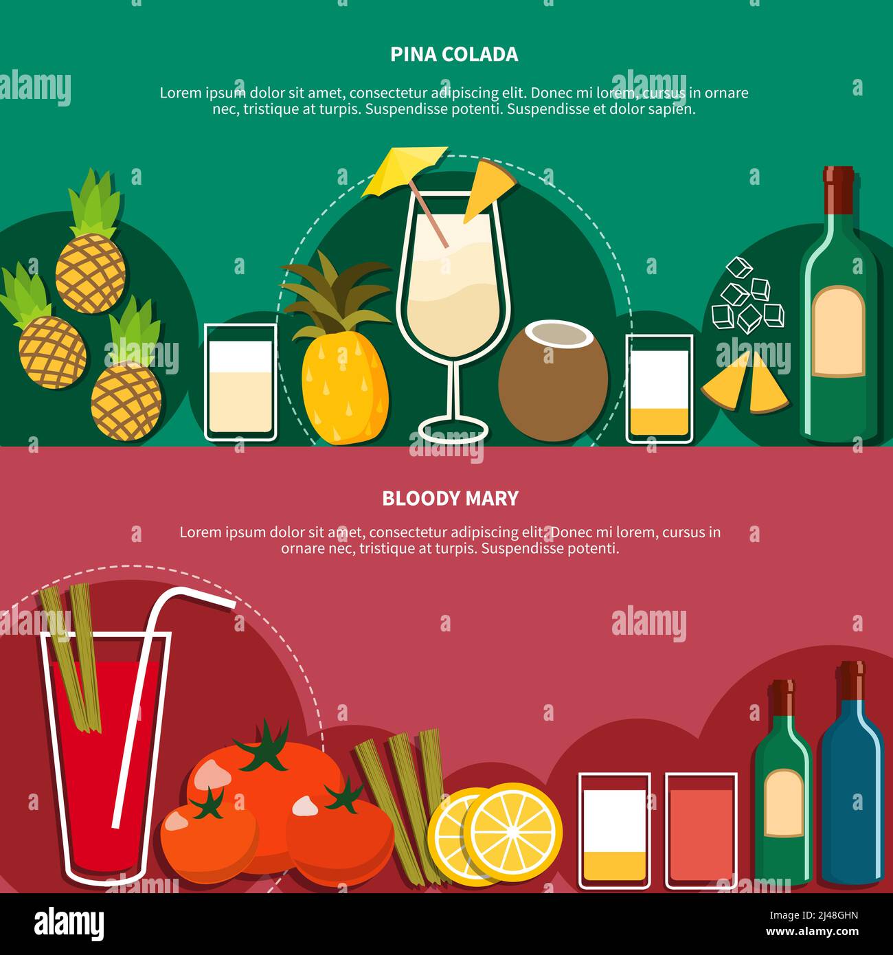 Cocktail horizontal banners with colorful icons of drinks and their ...