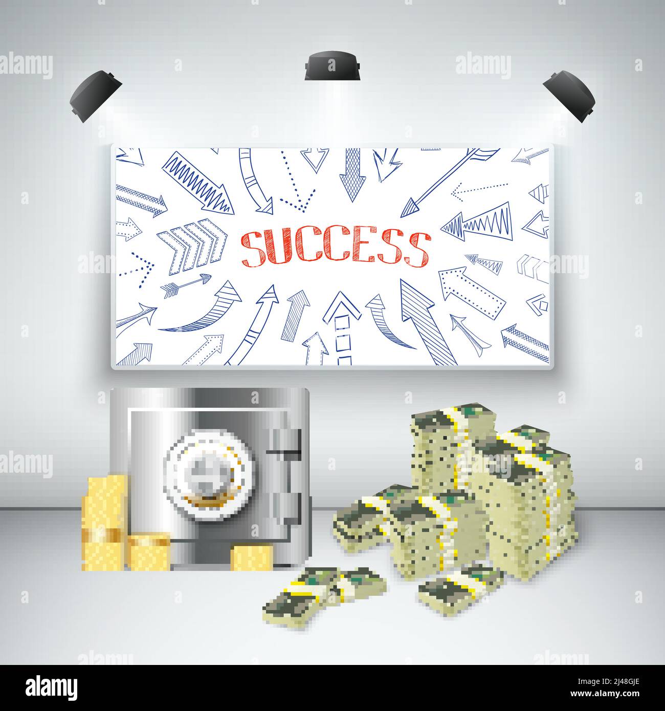 Wealth realistic template with metal closed safe dollar banknotes gold ...