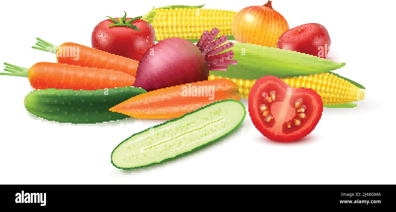 Colorful fresh vegetables template with cucumber tomato beet carrot ...